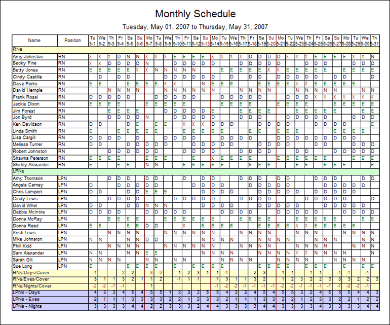 Monthly Employee Shift Schedule Template Task List Templates